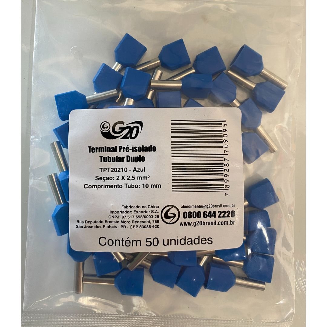Terminal Pré-Isolado Pino Tubular Duplo 2,5mm² - Azul - 50 Unidades