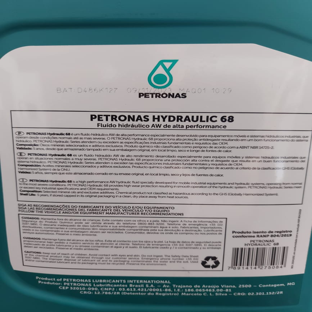 Òleo Hidráulico 68 Modelo Hydraulic ISO VG 68 Galão de 20 Litros Petronas