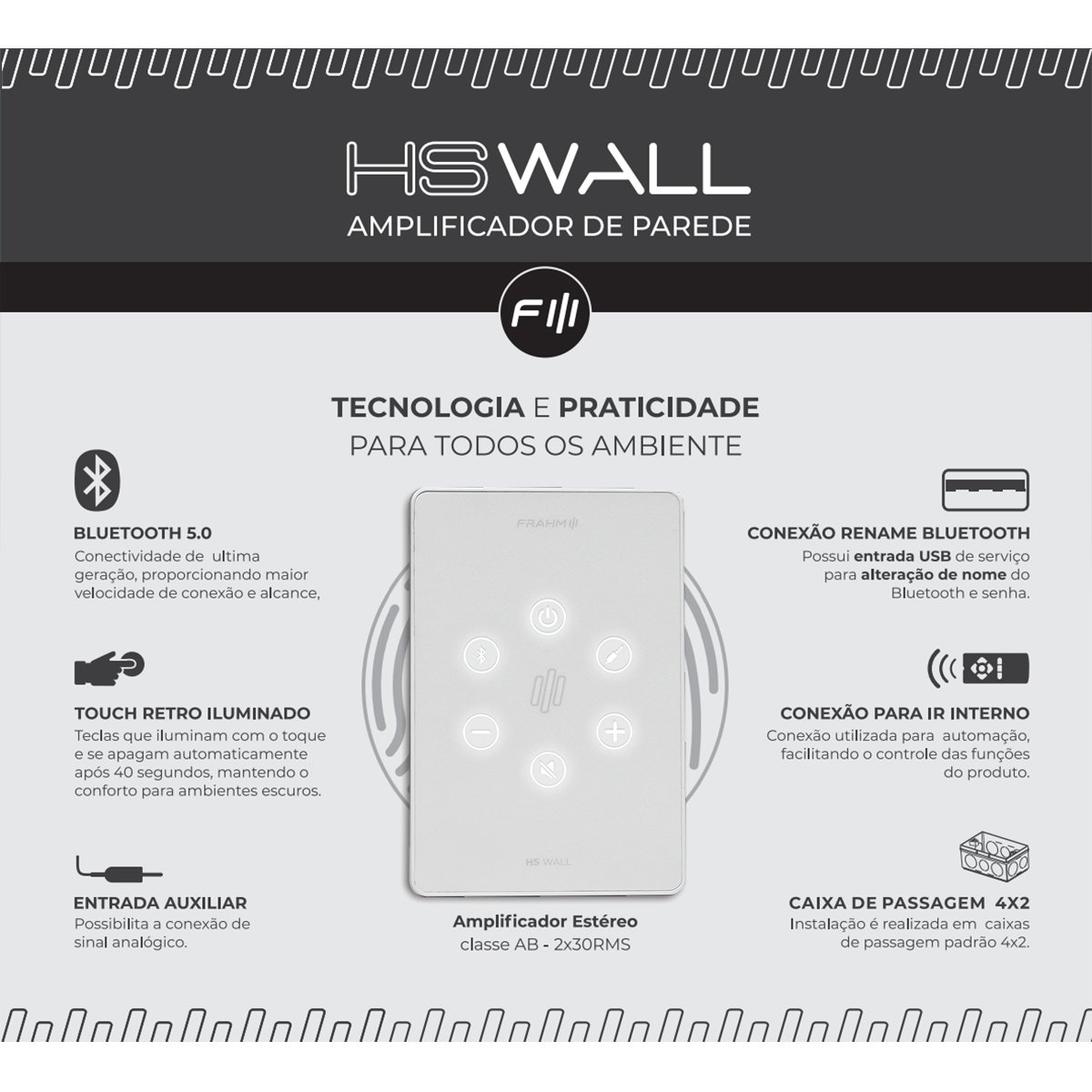 Amplificador de Parede Touch 60W RMS HS Wall Branco Frahm