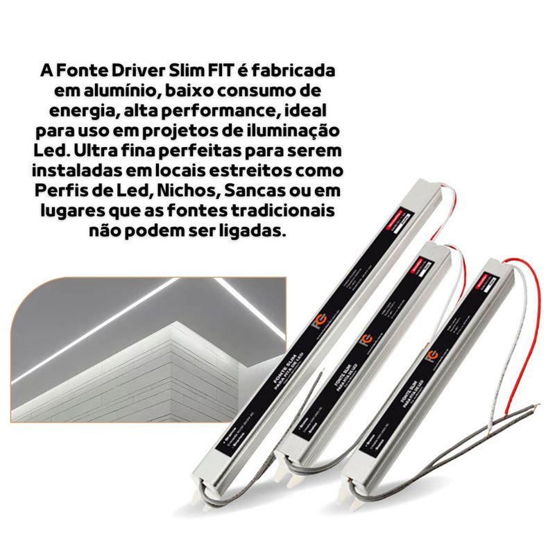 Fonte Driver Slim FIT LED Perfil 12V 3A - 36W FC Fontes