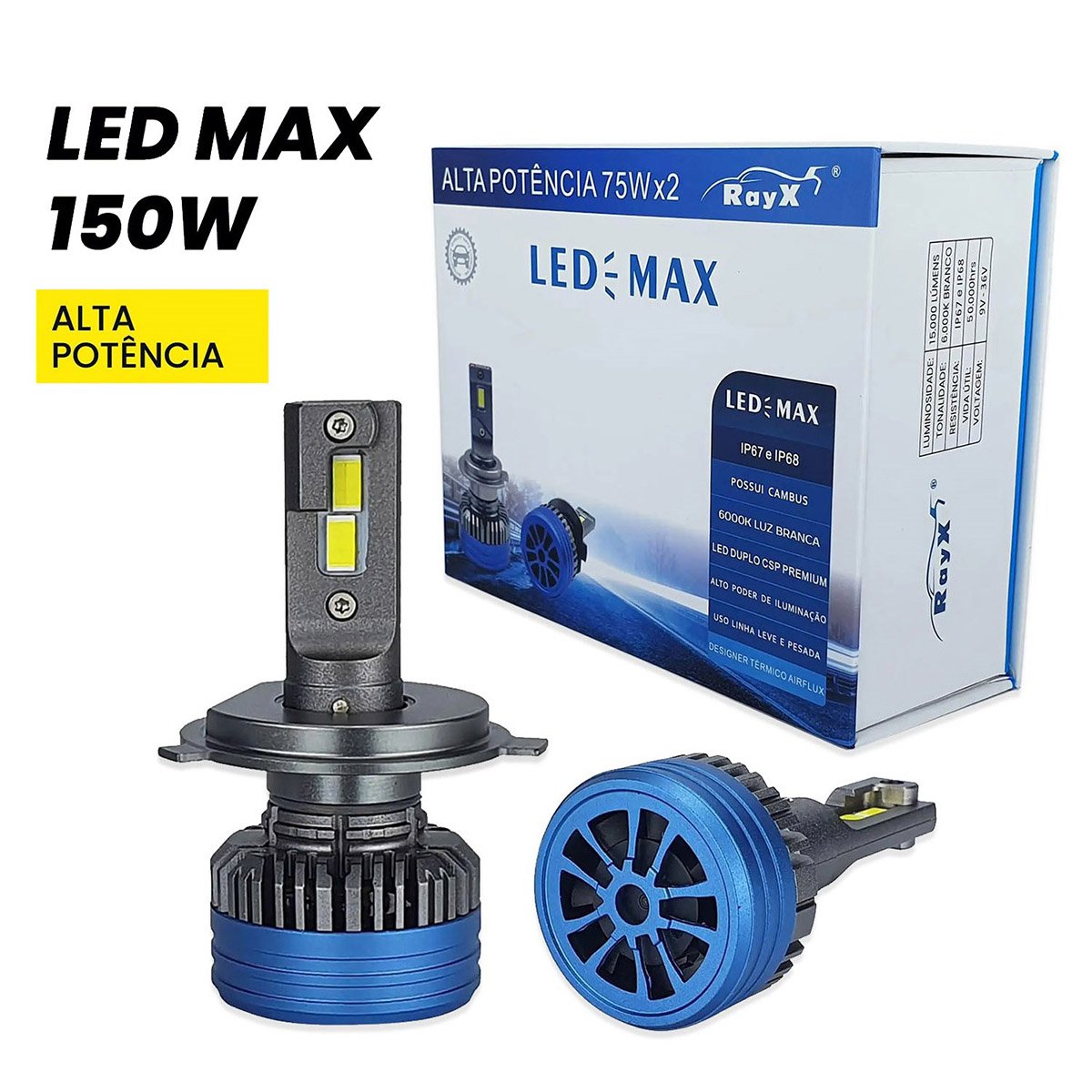 Kit LED MAX 150W H4 6000K 15000Lm Bivolt Rayx