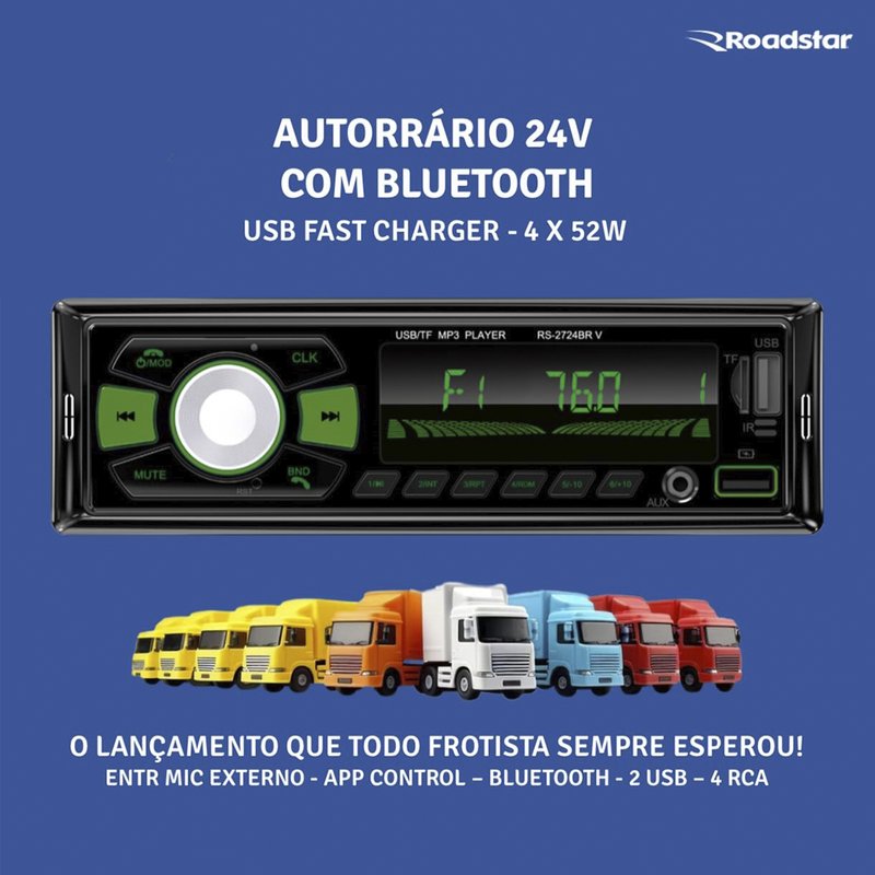 Rádio Automotivo 24V Bluetooth RS-2724BR Frota Roadstar