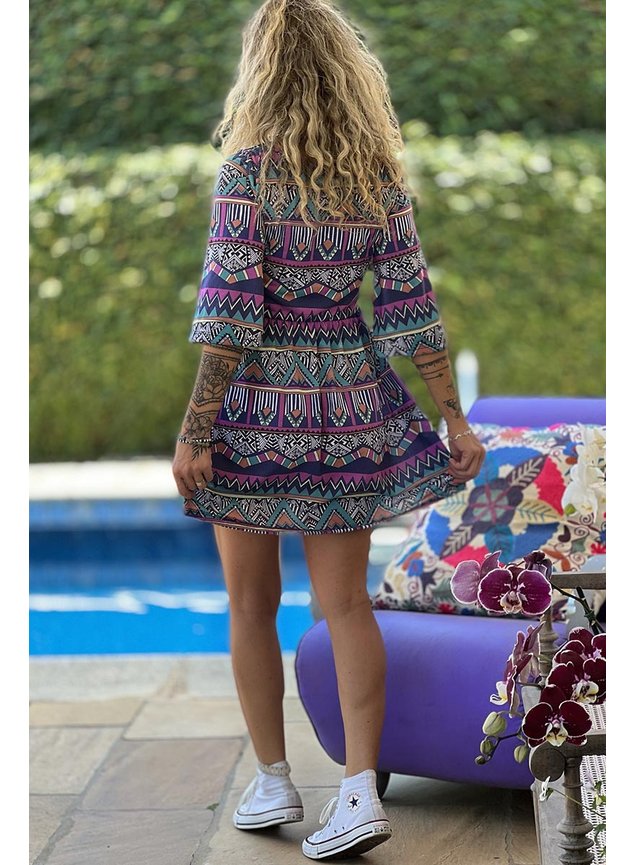Vestido Curto Meia Manga Ethnic Colors Edição Limitada