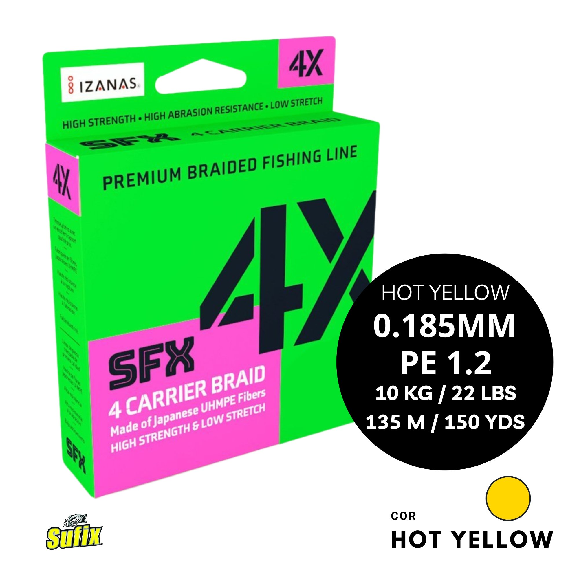 Linha Multifilamento SUFIX SFX 4 CARRIER BRAID - 135 Metros - Amarelo 0,18mm | 22lbs | PE 1.2