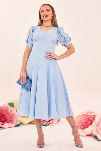Vestido Azul Claro Linho Bordado Midi Fascinius