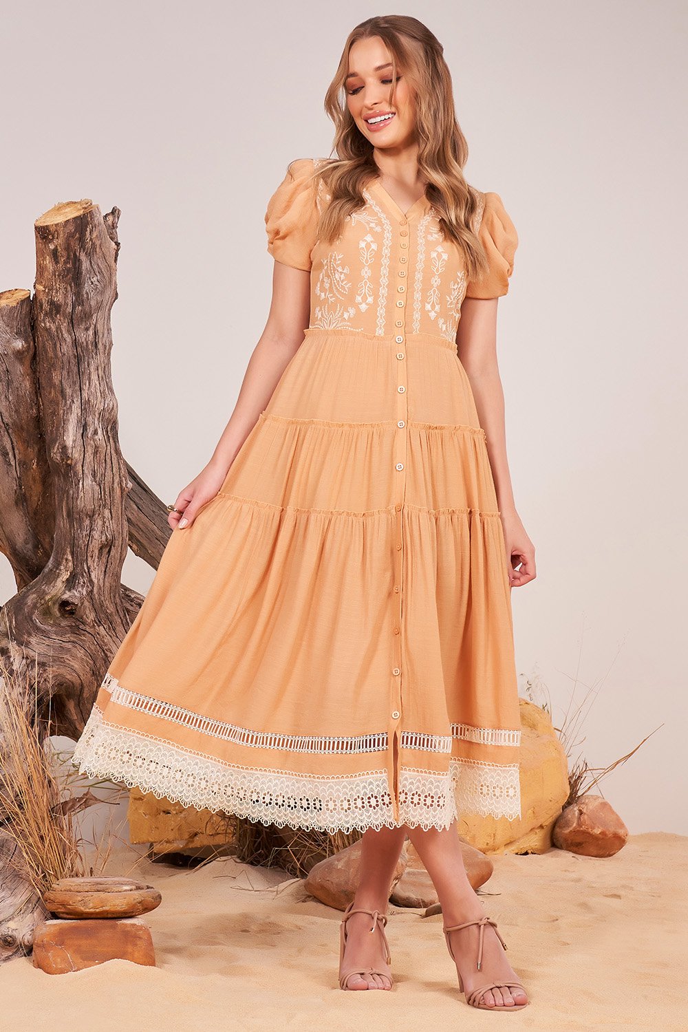 Vestido Chemise Caramelo Viscose Evasê Midi Fascinius