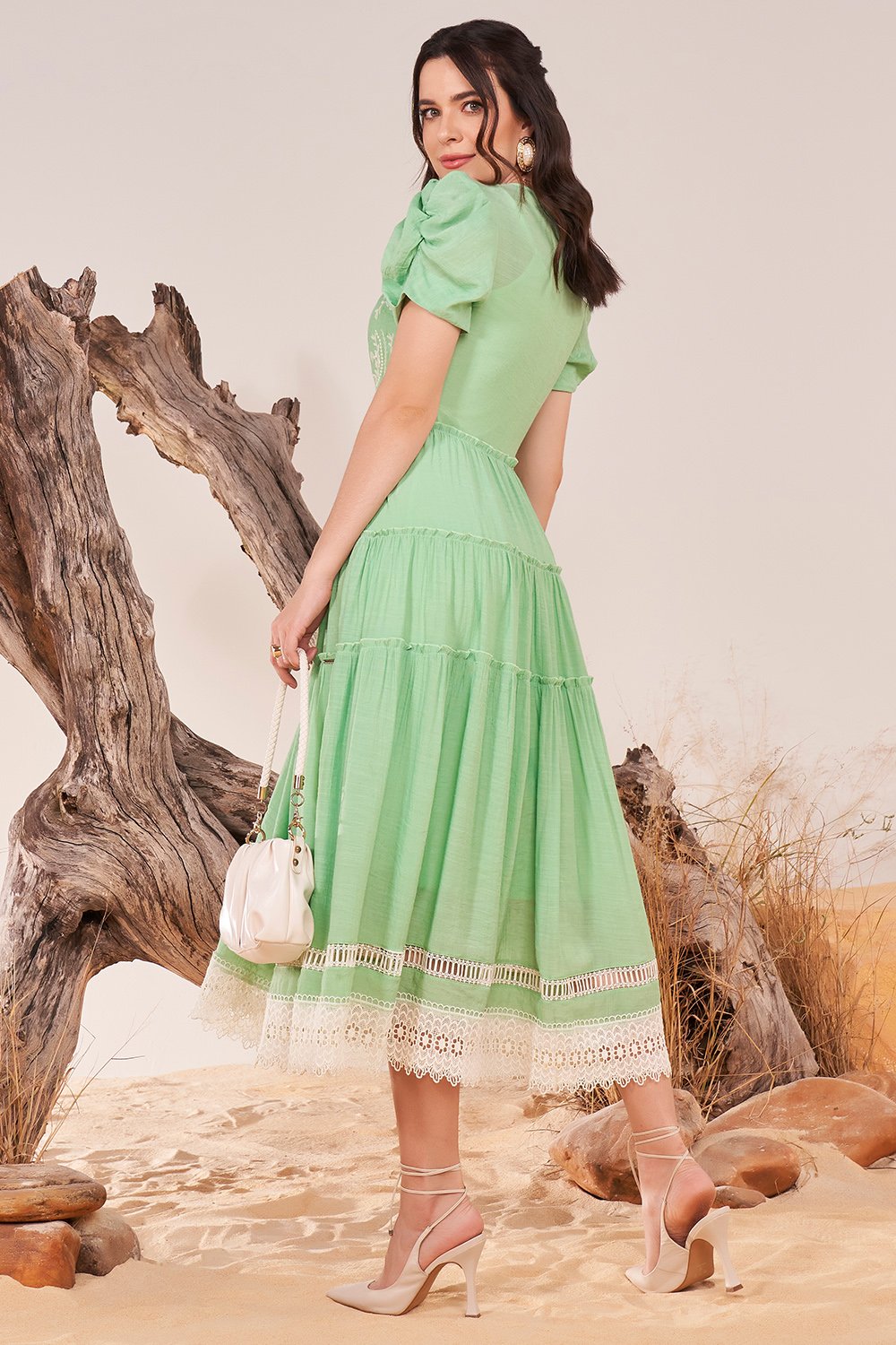 Vestido Chemise Verde Àgua Viscose Evasê Midi Fascinius