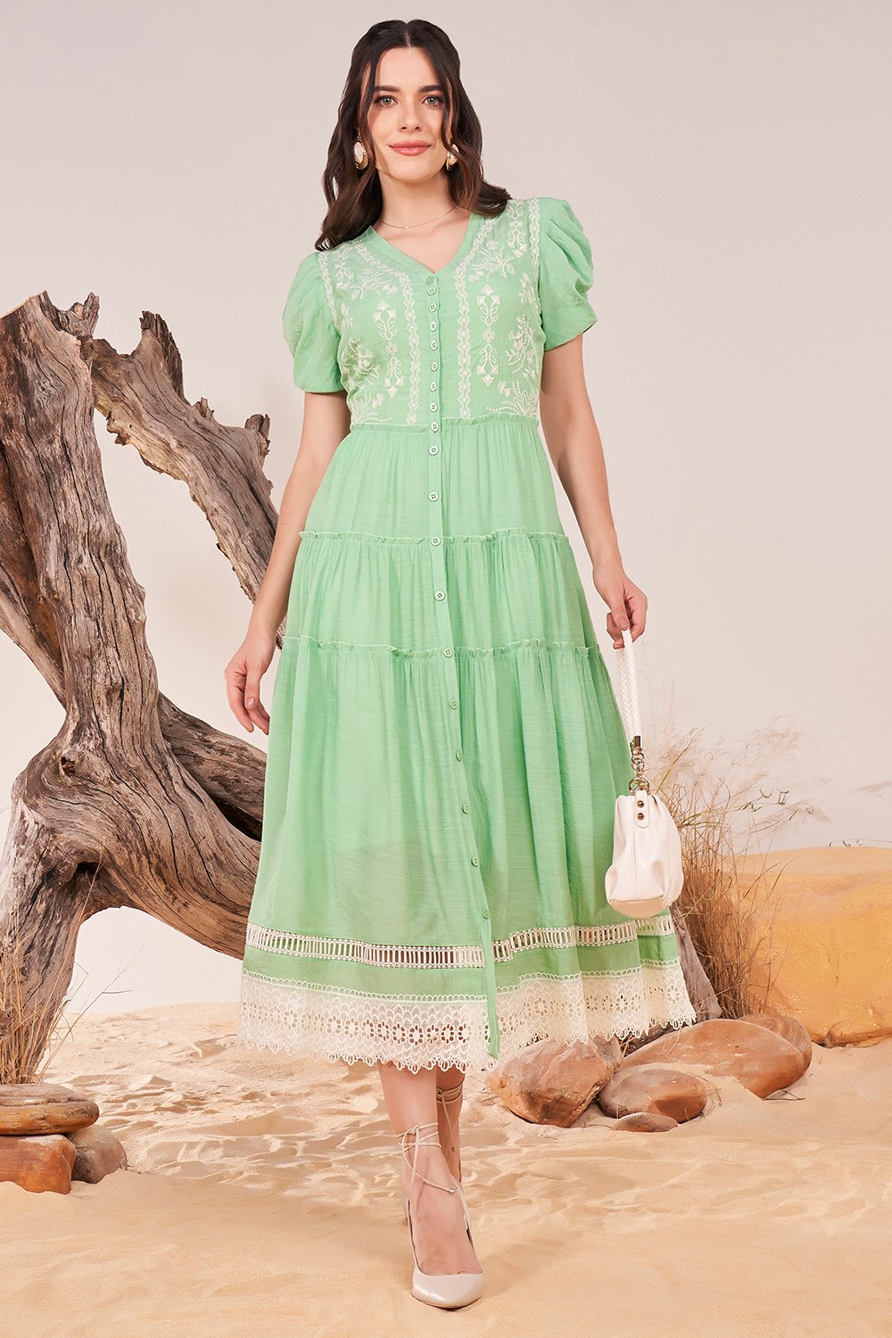 Vestido Chemise Verde Àgua Viscose Evasê Midi Fascinius