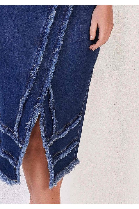 Saia Lápis Jeans Com Desfiados Assimétricos Titanium