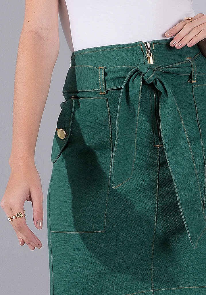 Saia Reta Verde Com Bolsos Em Sarja Império Z